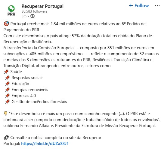 Portugal já recebeu os 1,34 mil milhões do sexto cheque do PRR – ECO